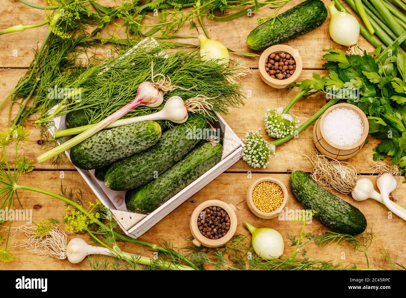 Pickling vegetables concept. Cooking process, spices, fresh fragrant ...