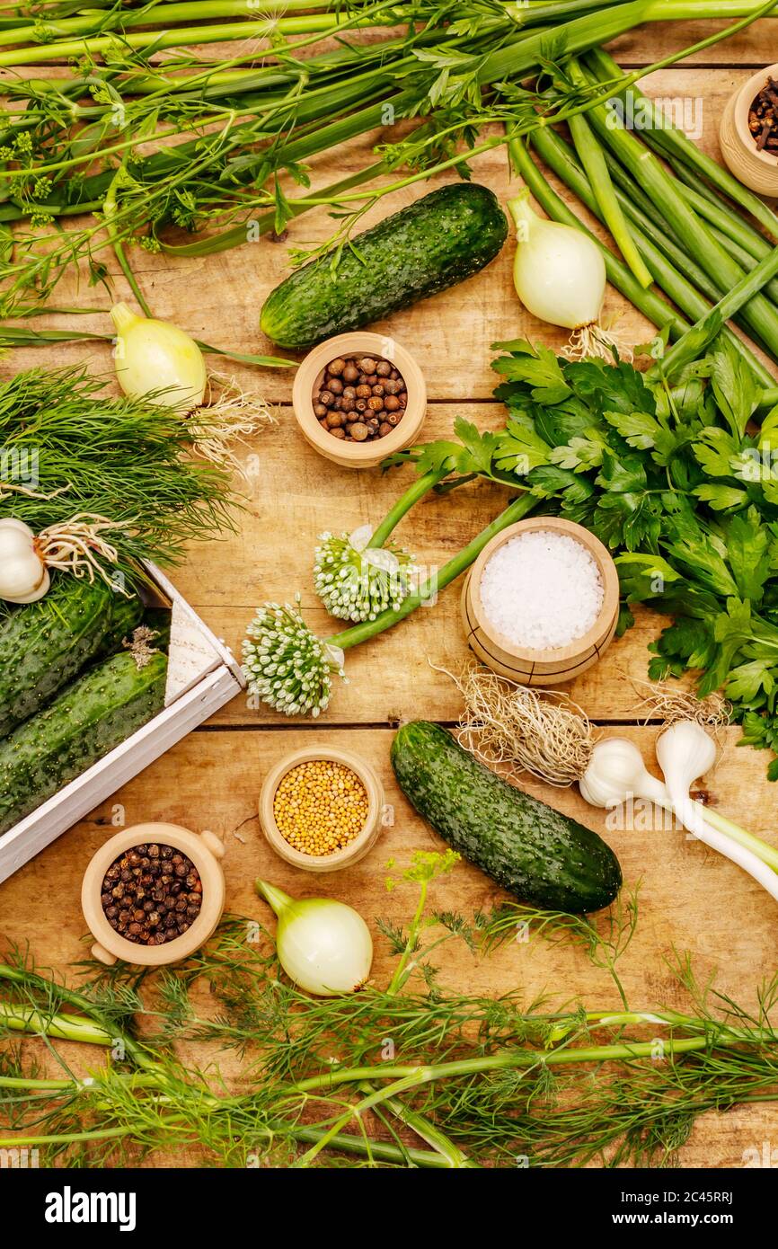 Pickling vegetables concept. Cooking process, spices, fresh fragrant ...