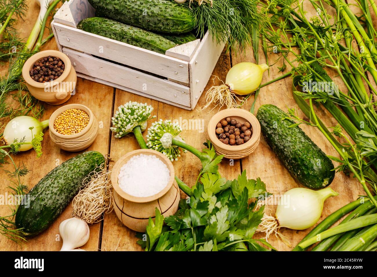 Pickling vegetables concept. Cooking process, spices, fresh fragrant ...