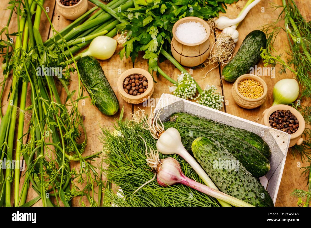 Pickling vegetables concept. Cooking process, spices, fresh fragrant ...