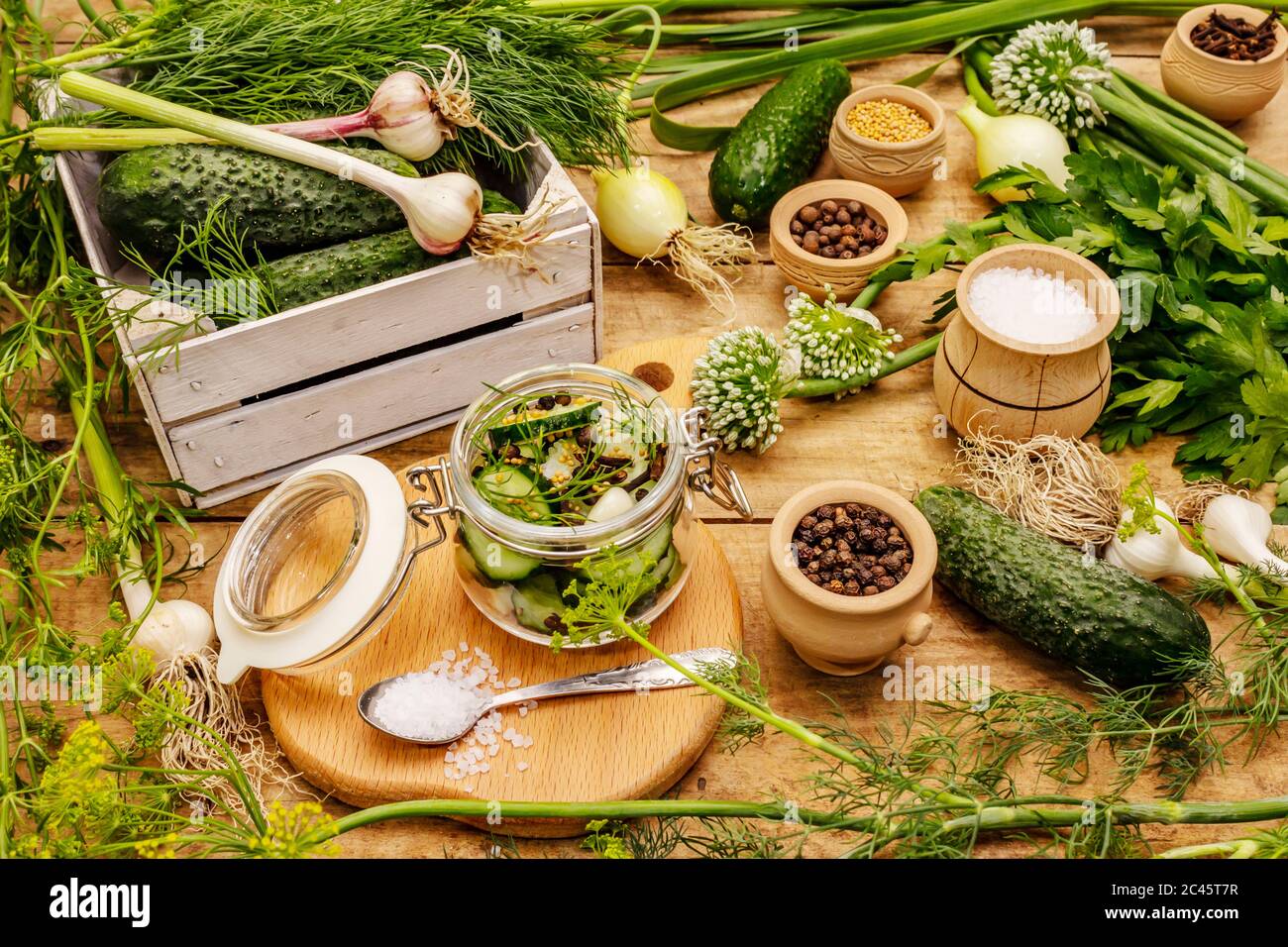 Pickling vegetables concept. Cooking process, spices, fresh fragrant ...