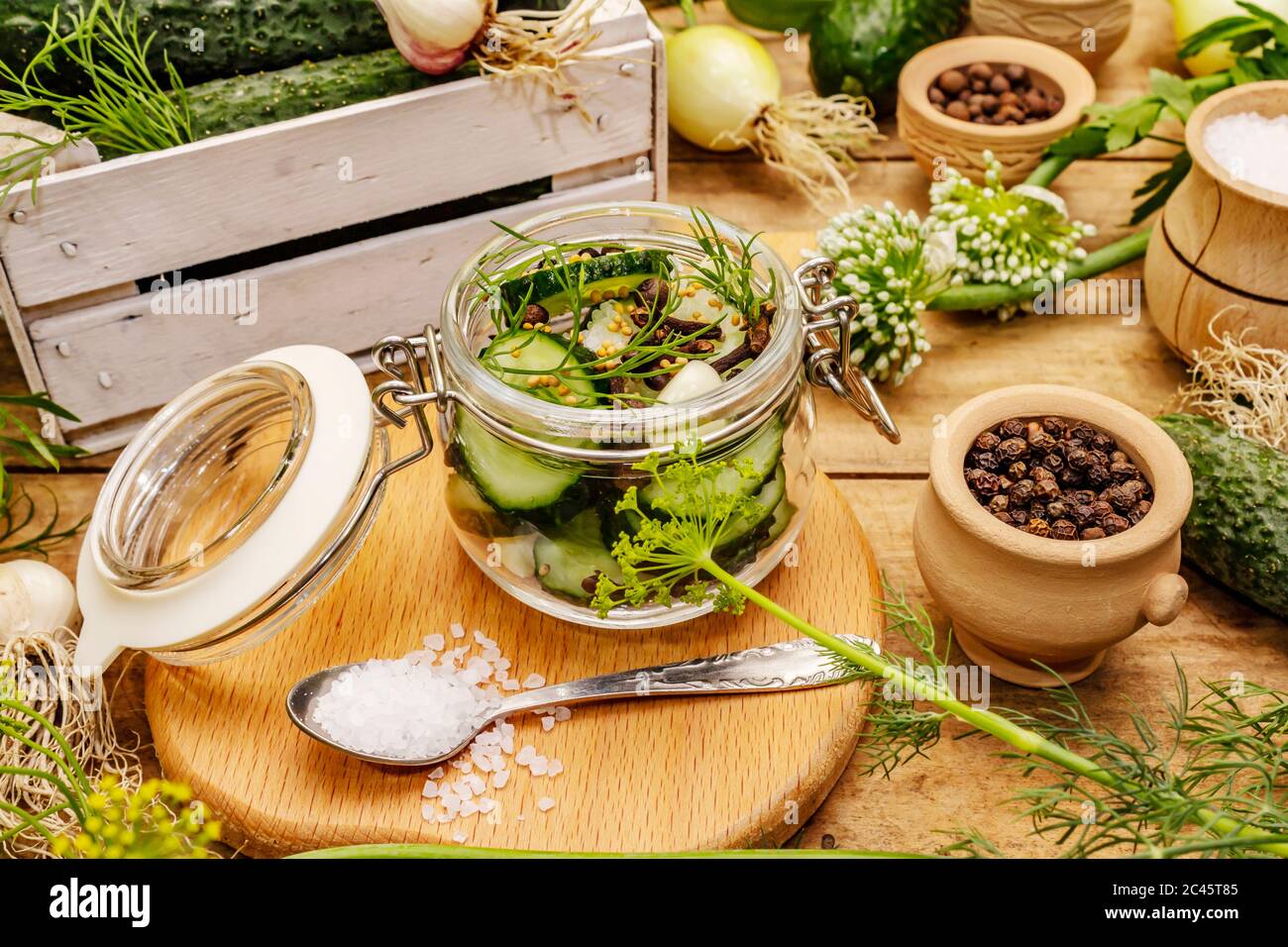 Pickling vegetables concept. Cooking process, spices, fresh fragrant ...
