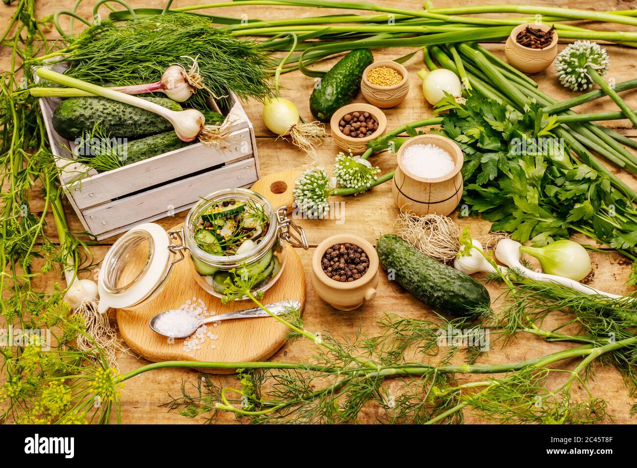 Pickling vegetables concept. Cooking process, spices, fresh fragrant ...