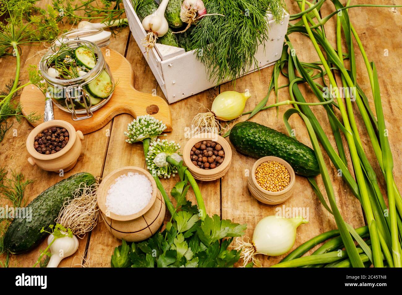 Pickling vegetables concept. Cooking process, spices, fresh fragrant ...