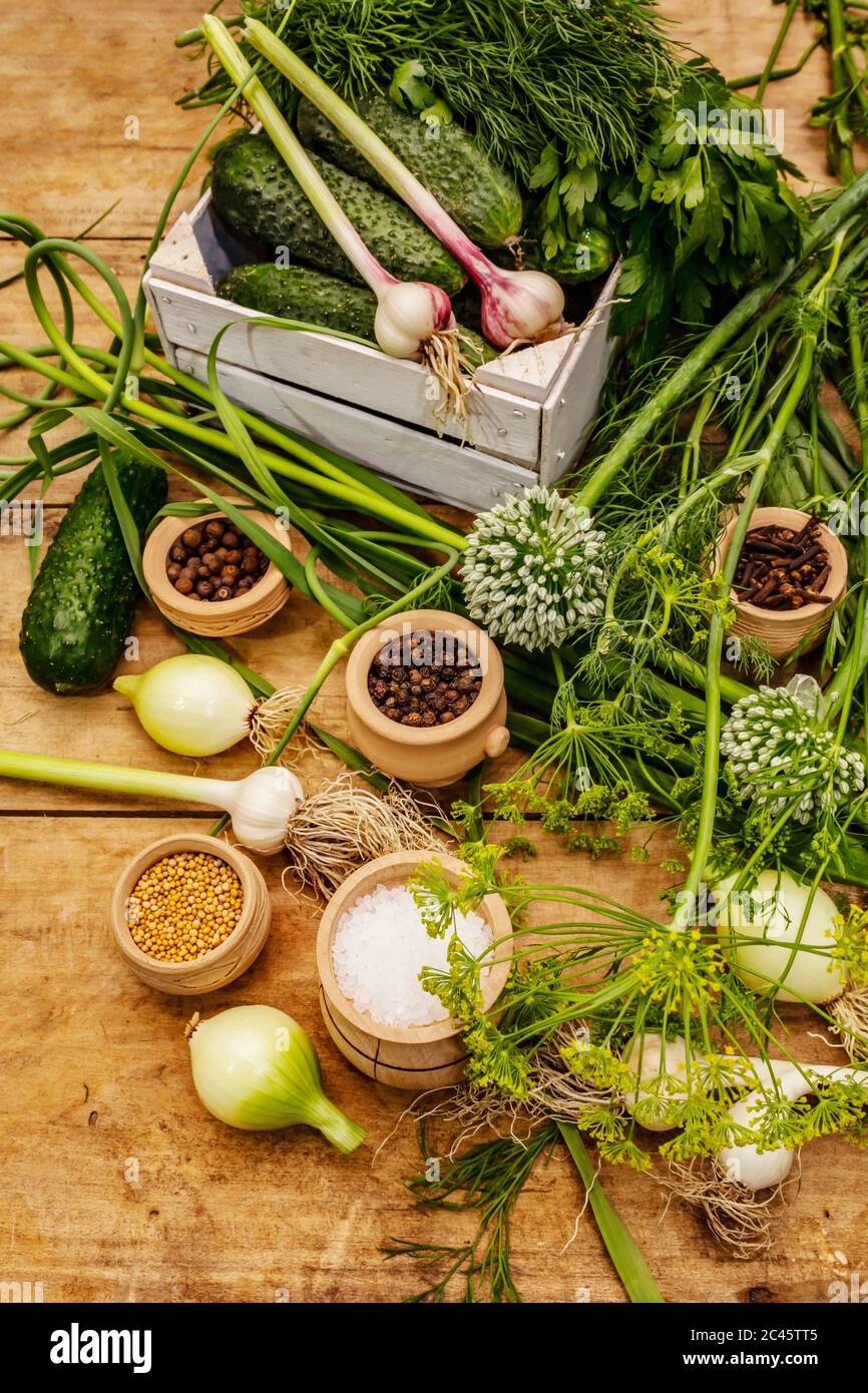 Pickling vegetables concept. Cooking process, spices, fresh fragrant ...