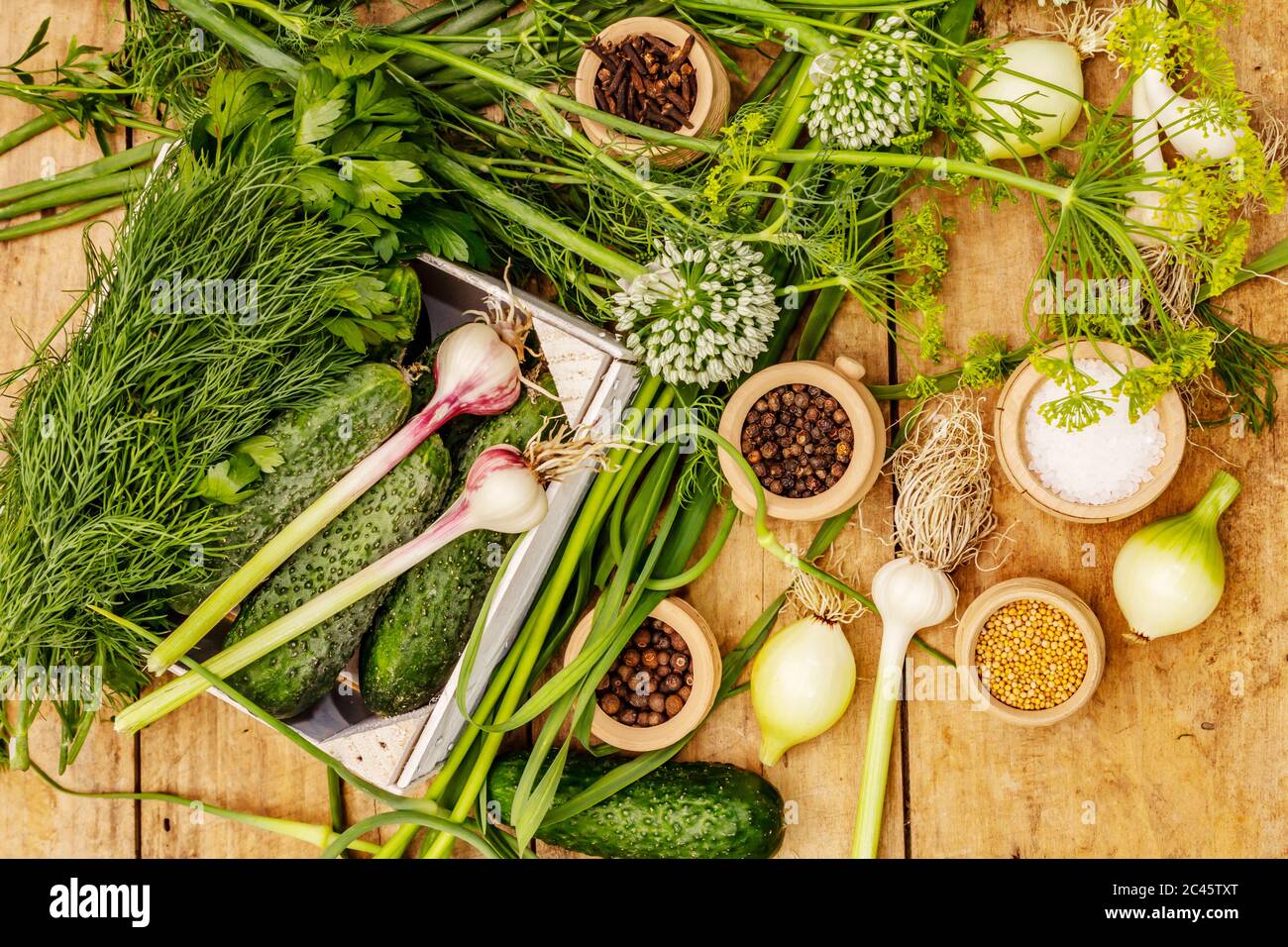 Pickling vegetables concept. Cooking process, spices, fresh fragrant ...