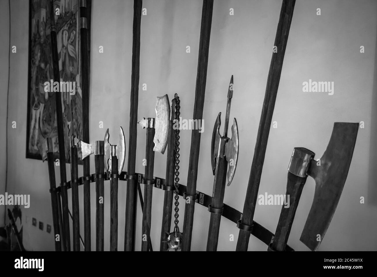 Medieval castle interior weapons Black and White Stock Photos & Images ...
