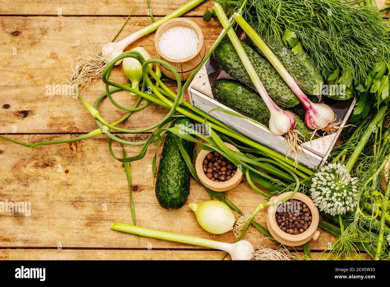 Pickling vegetables concept. Cooking process, spices, fresh fragrant ...