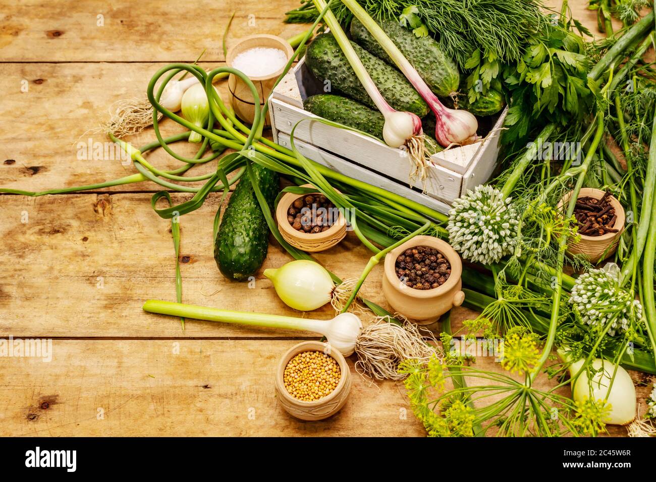 Pickling vegetables concept. Cooking process, spices, fresh fragrant ...