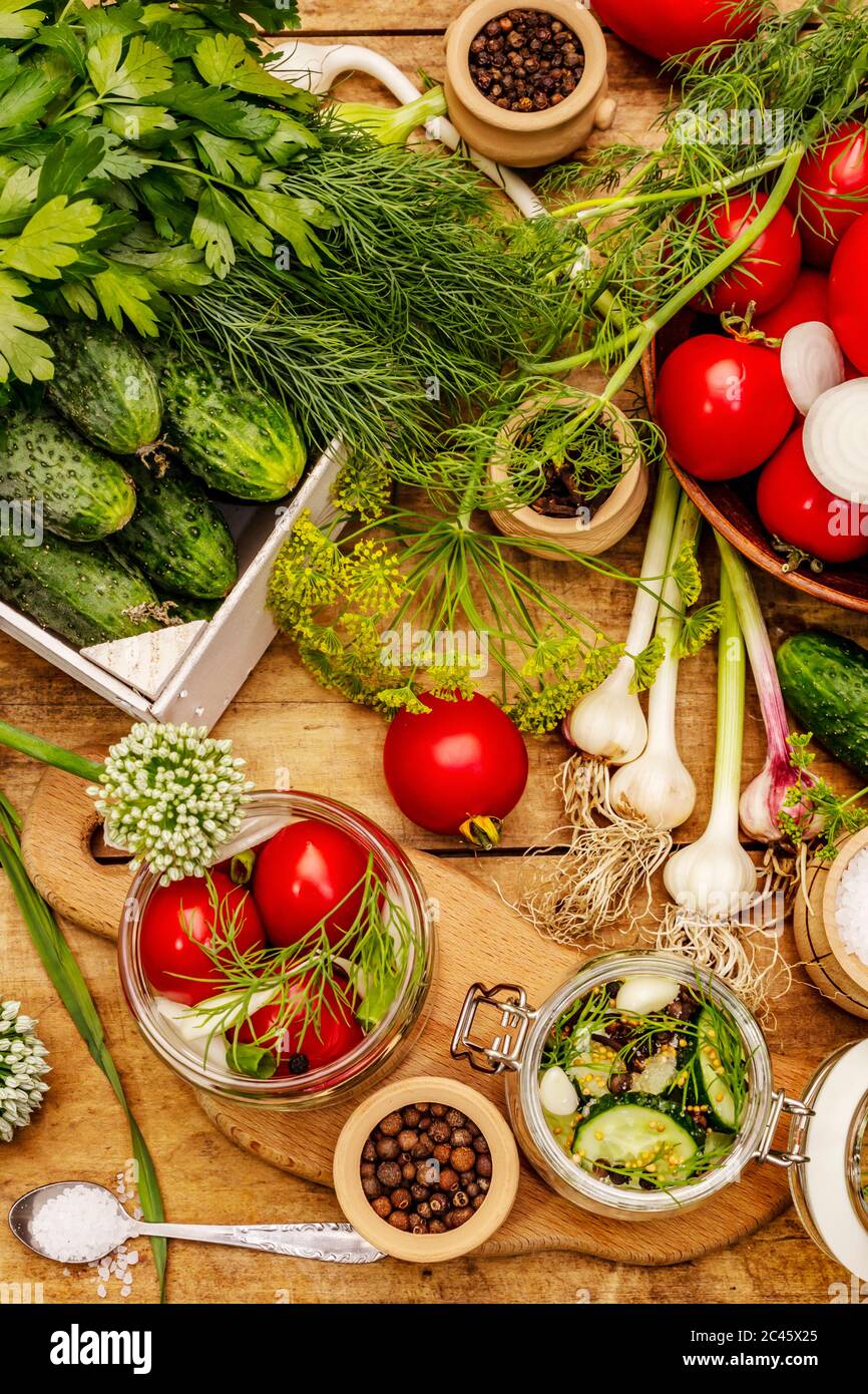 Pickling vegetables concept. Cooking process, spices, fresh fragrant ...