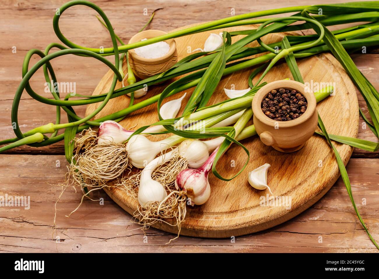 Set of ingredients for pickling garlic arrows. Ripe vegetables, herbs ...