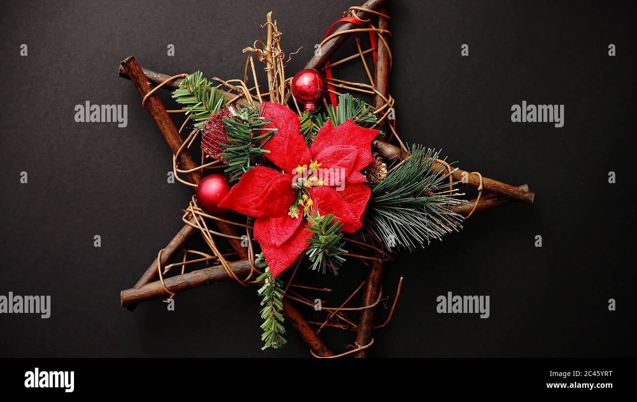 Christmas wreath with dry twigs, pine branches, red balls Stock Photo ...