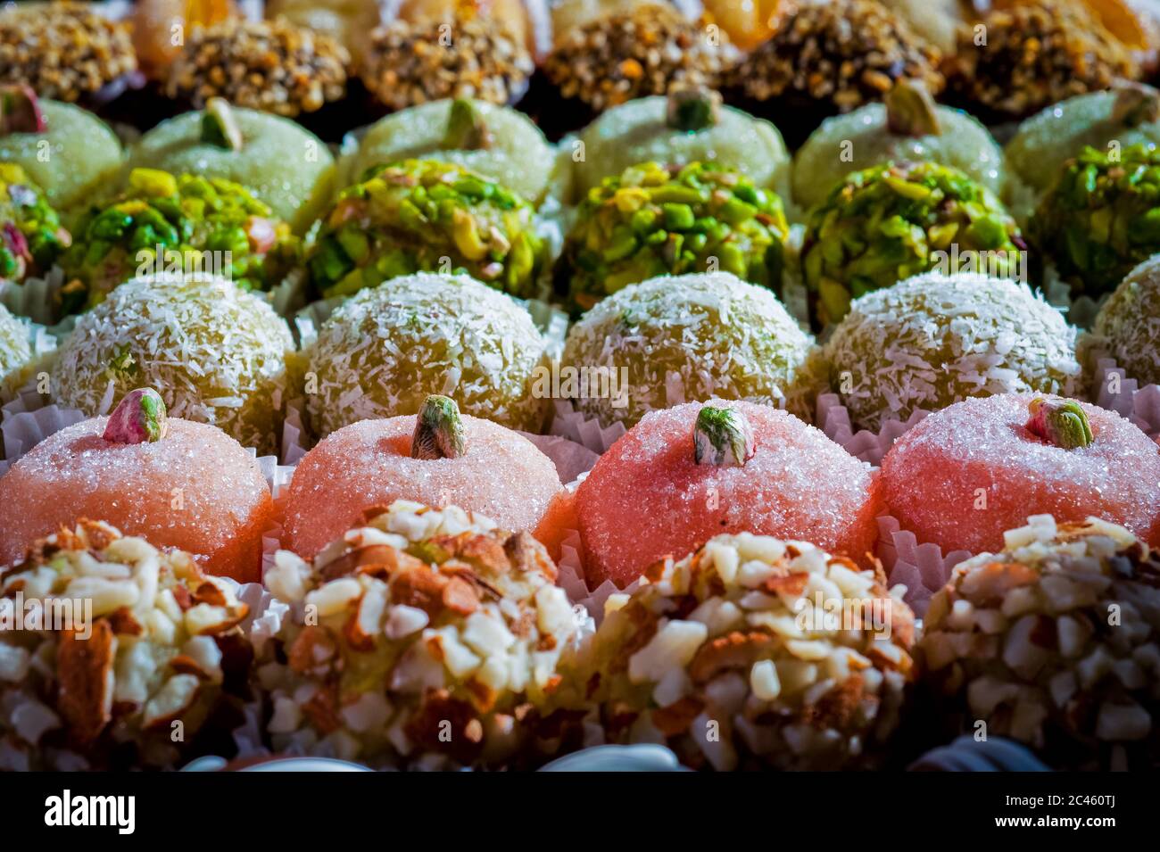 High angle close up of a selection of almond sweets in Palermo, Sicily ...