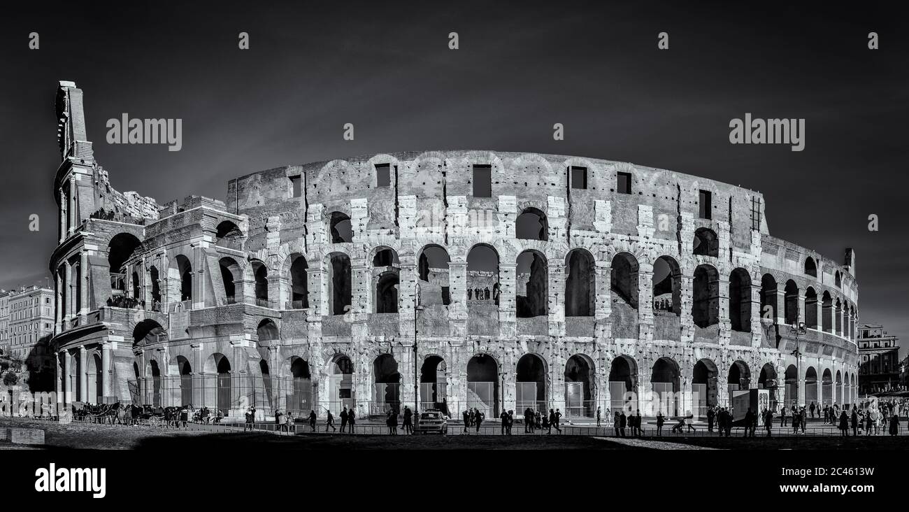 The Colosseum in Rome - Panorama view in black and white Stock Photo ...