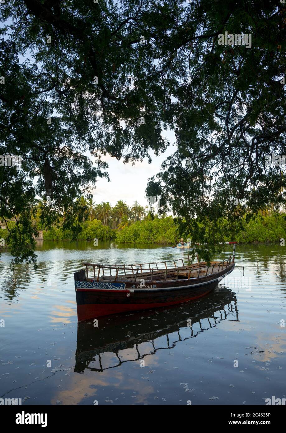 Fishing dhow moored along coastline, Lamu county, Matondoni, Kenya ...