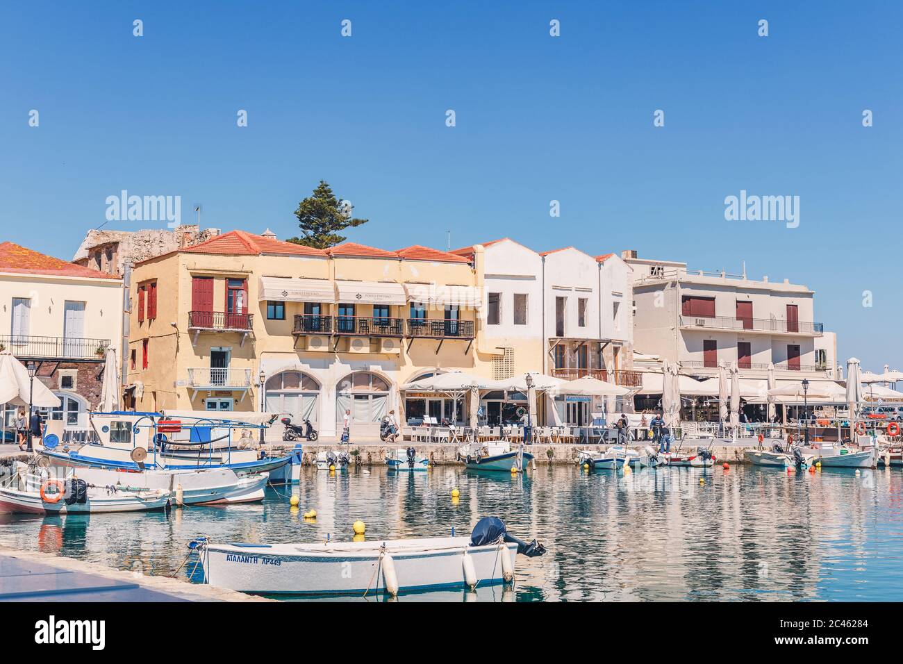 Colourful buildings in the Venetian harbour village of Rethymno on ...