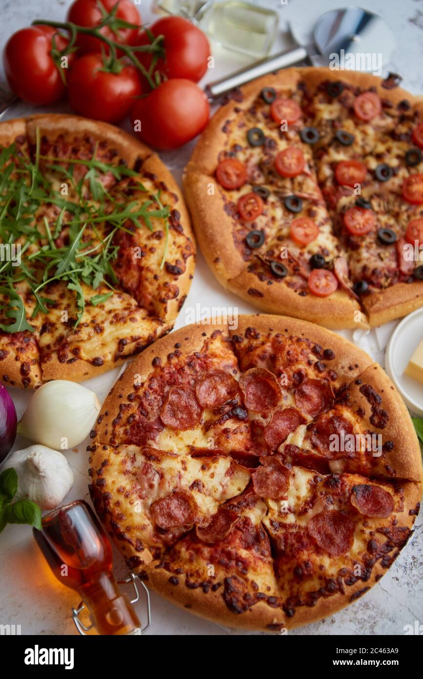 Three cheese pizzas hi-res stock photography and images - Alamy
