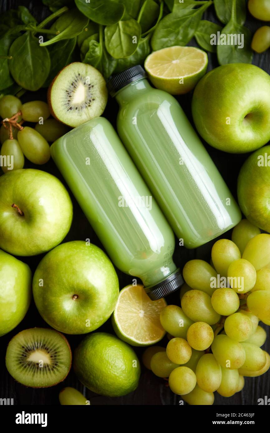 Fresh fruits and vegetables in green color concept Stock Photo - Alamy