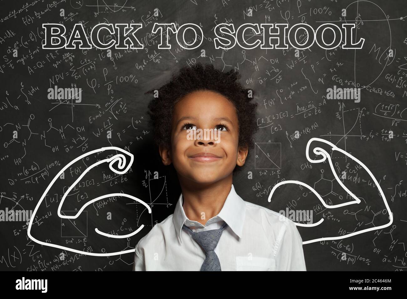 Child smart student in classroom on chalkboard background. Back to ...