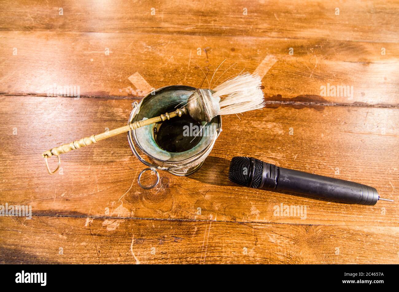 inside the church blessed water and microphone ready for the pope to ...