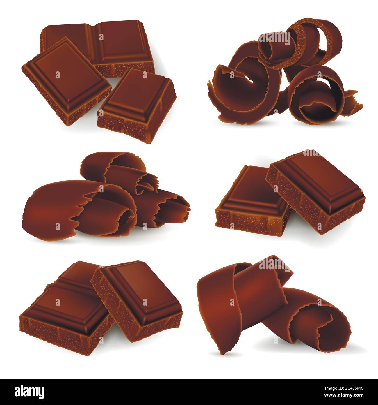 Set of broken chocolate bars and shavings on white background ...
