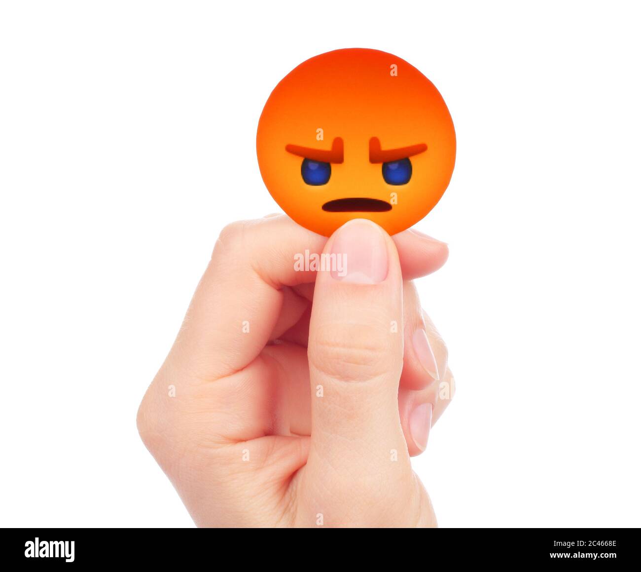 Kiev, Ukraine - May 15, 2019: Hand holds new Facebook Angry Empathetic ...