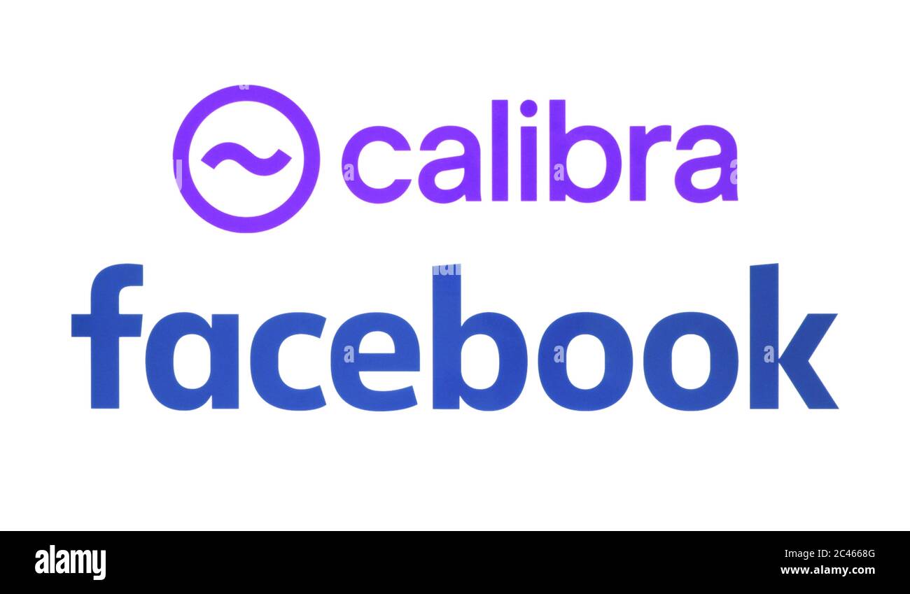 Kiev, Ukraine - June 19, 2019: Facebook and Calibra logos printed on ...