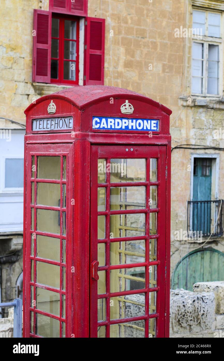 Traditional Maltese balconies and phone box, Valletta, Malta Stock ...