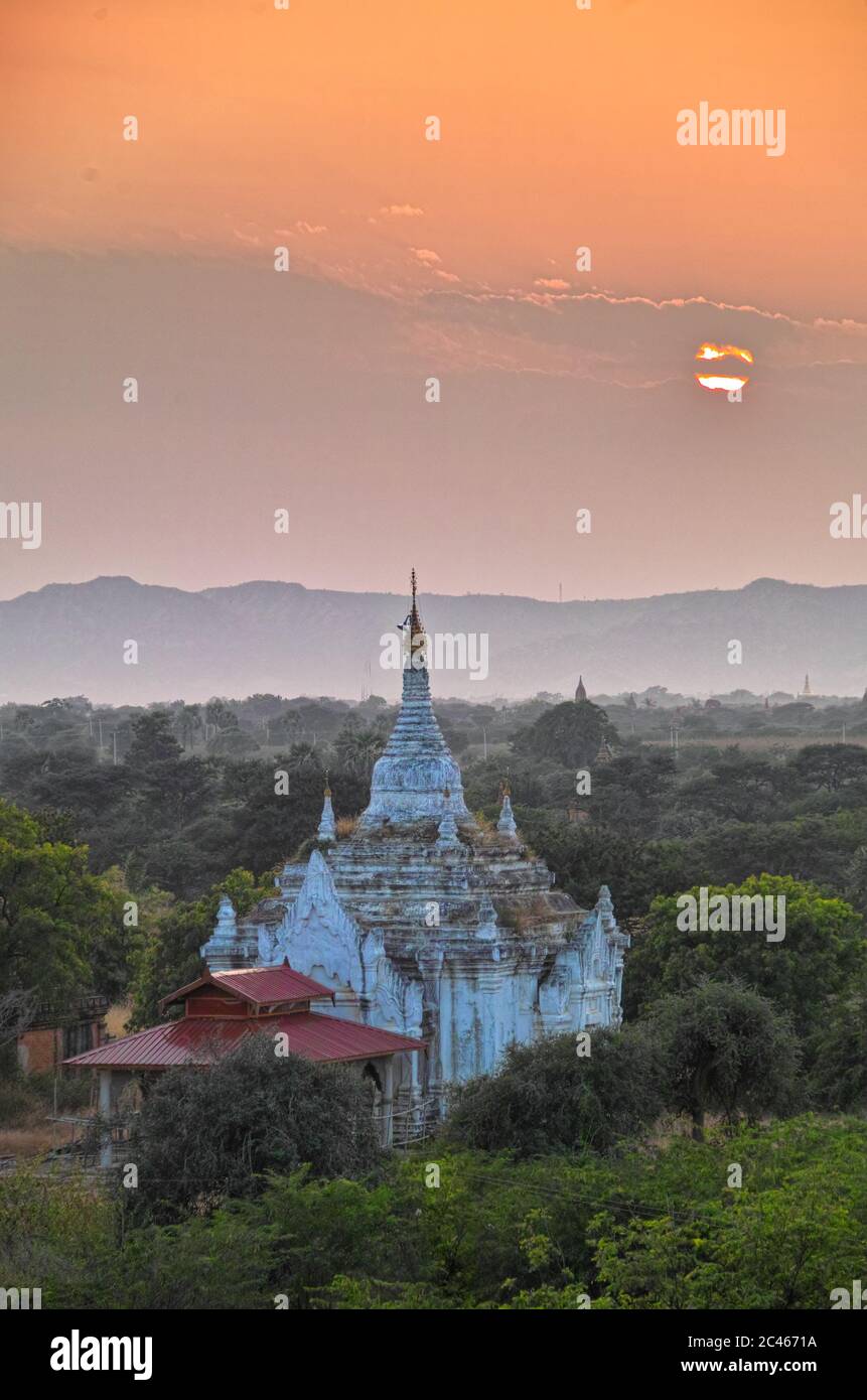 Sunset view over the plains of Bagan, Myanmar with soft warm light ...