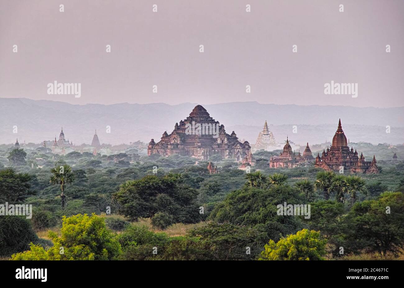View over the plains of Bagan, Myanmar with soft warm light, Buddhist ...