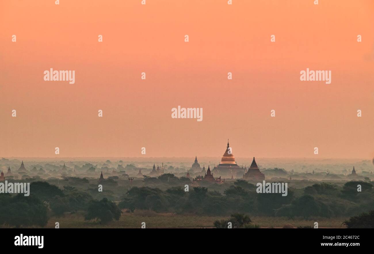 View over the plains of Bagan, Myanmar with soft warm light, Buddhist ...