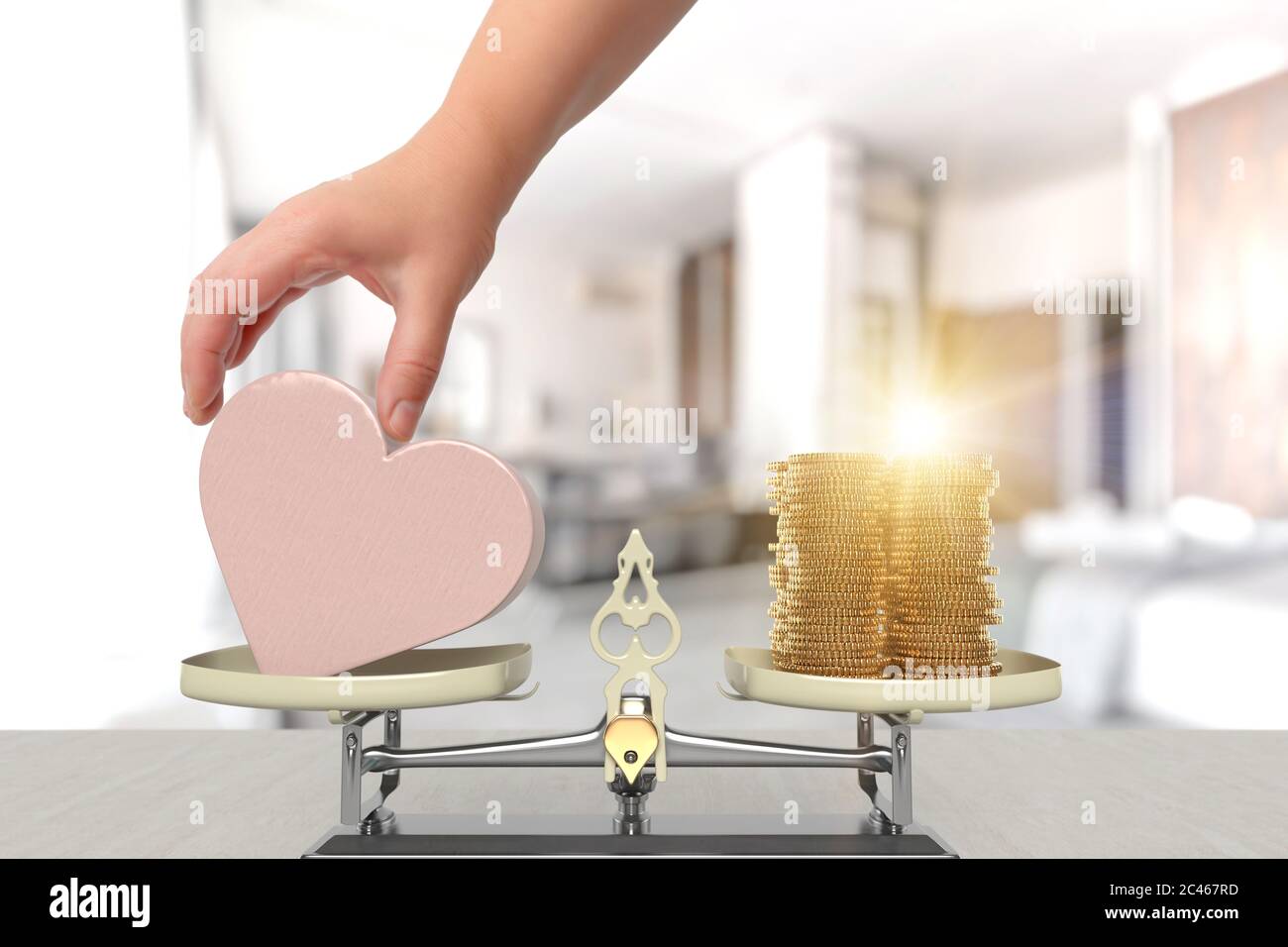 Balance scale with heart and money on two sides. The concept of ...