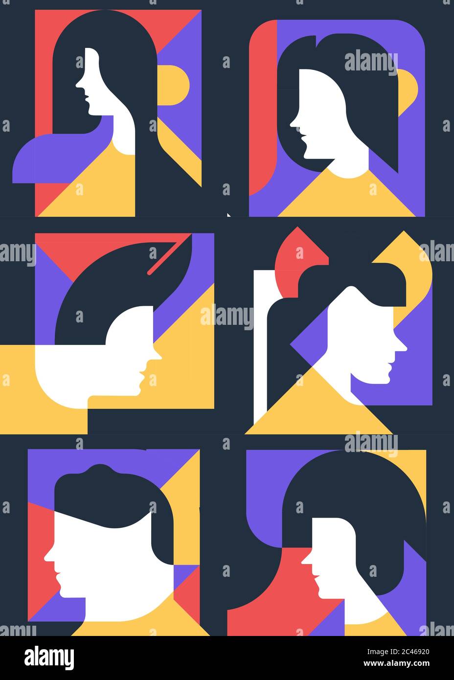 Vertical shot of graphic composition with human faces and bright ...
