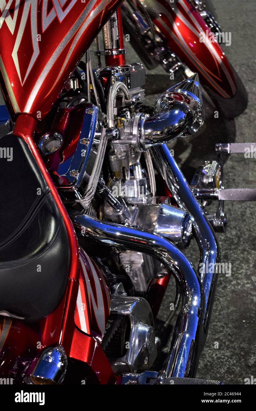 Vertical closeup shot of the details of a modern red and blue ...