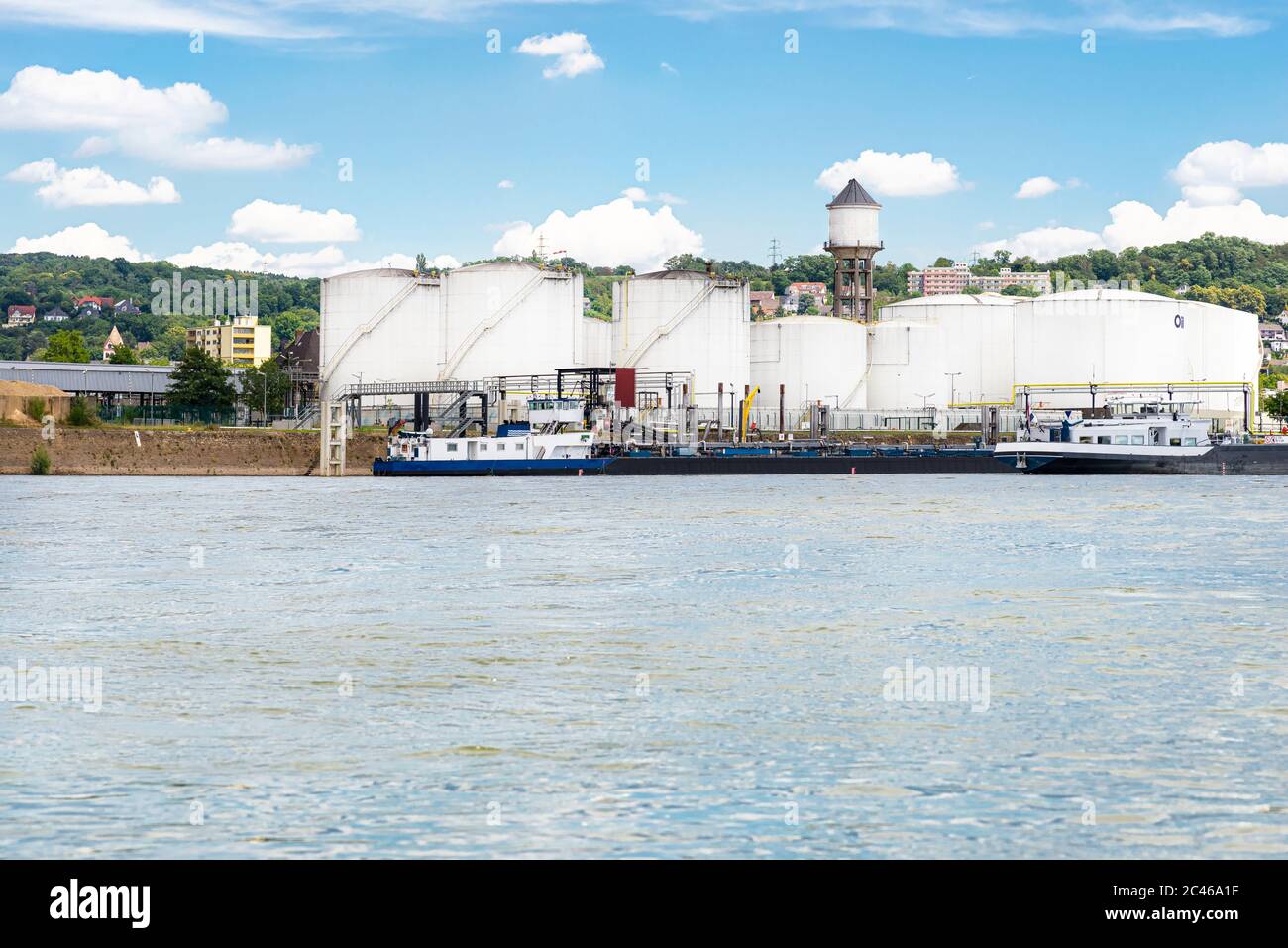 Storage silos, fuel depot of petroleum and gasoline on the banks of the ...