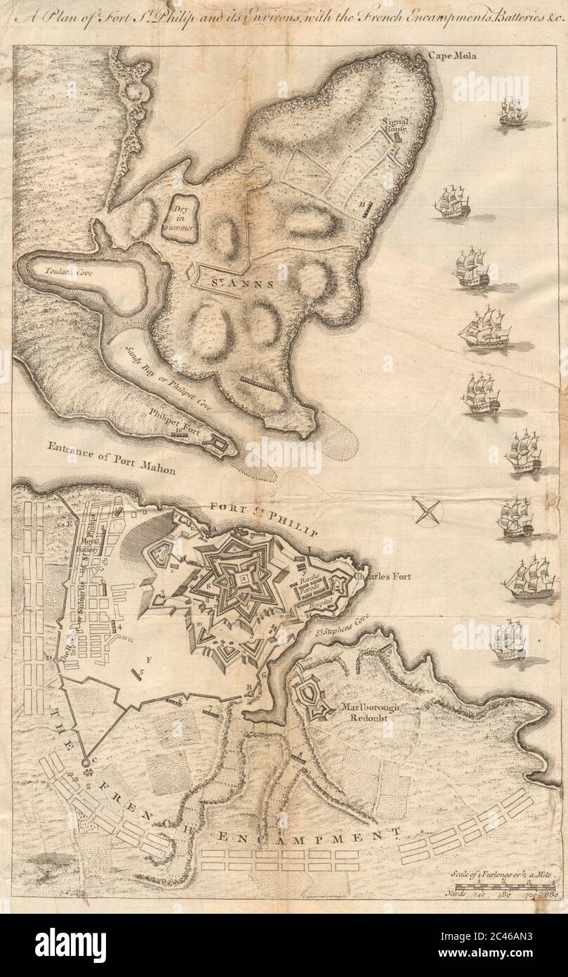 A plan of Fort St. Philip, Mahon, Menorca. French siege. GENTS MAG 1756 ...