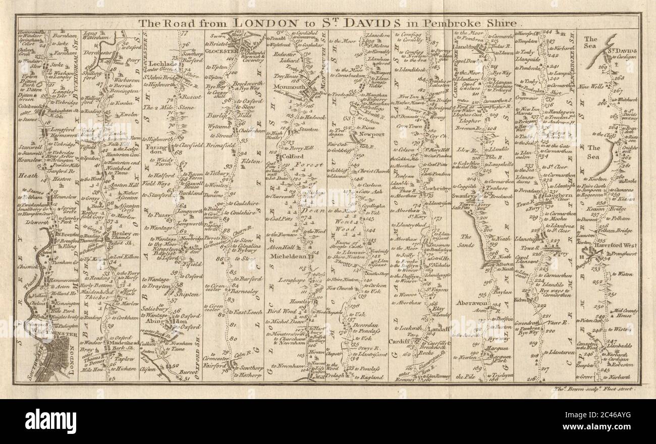 London-Slough-Henley-Gloucester-Swansea-St Davids road strip map. BOWEN ...