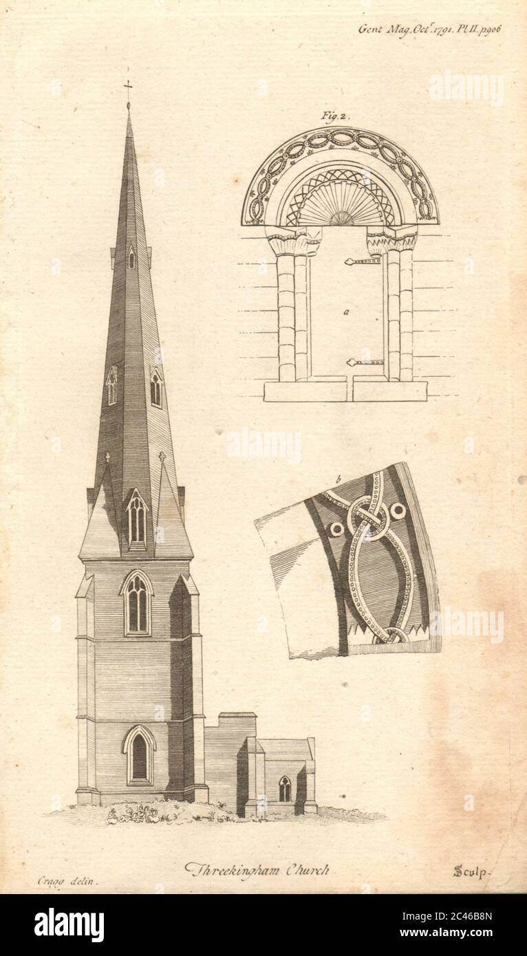 Threekingham Church, Lincolnshire. Saxon arch 1791 old antique print ...