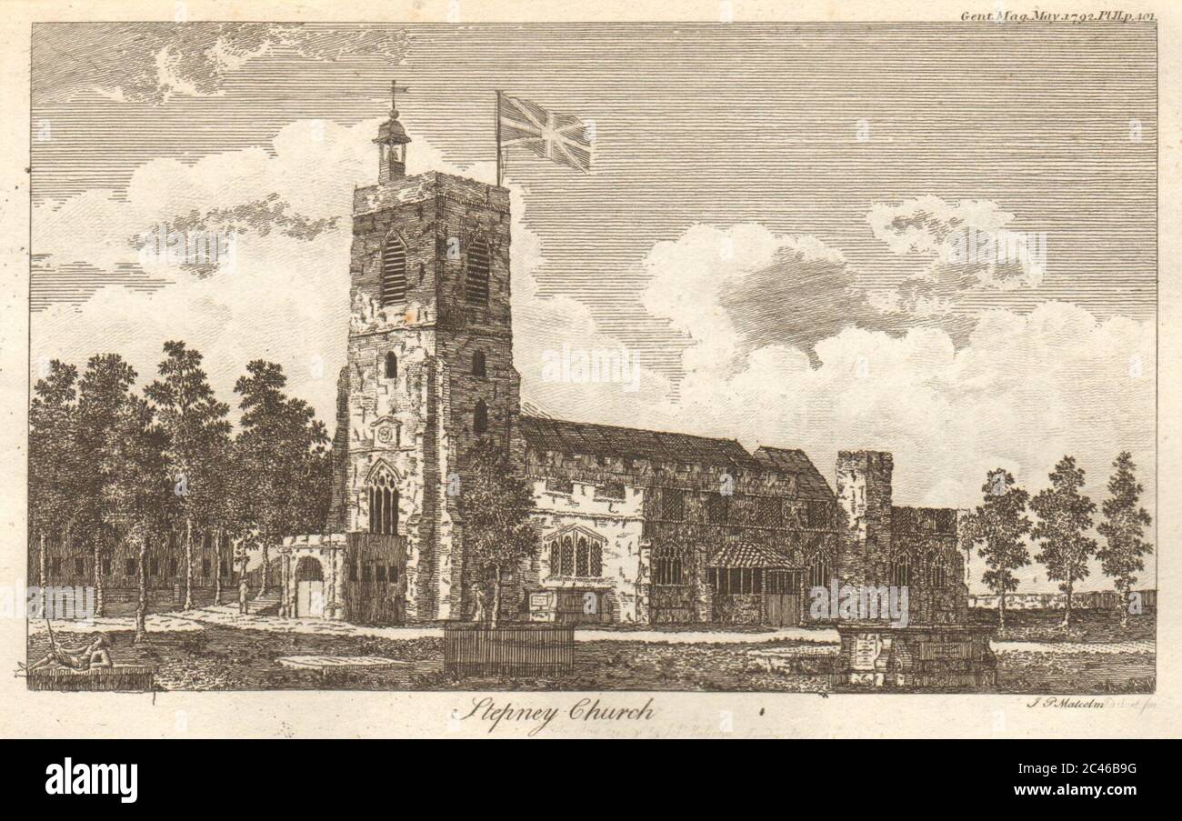Stepney church. St Dunstan's church. London 1792 old antique print ...