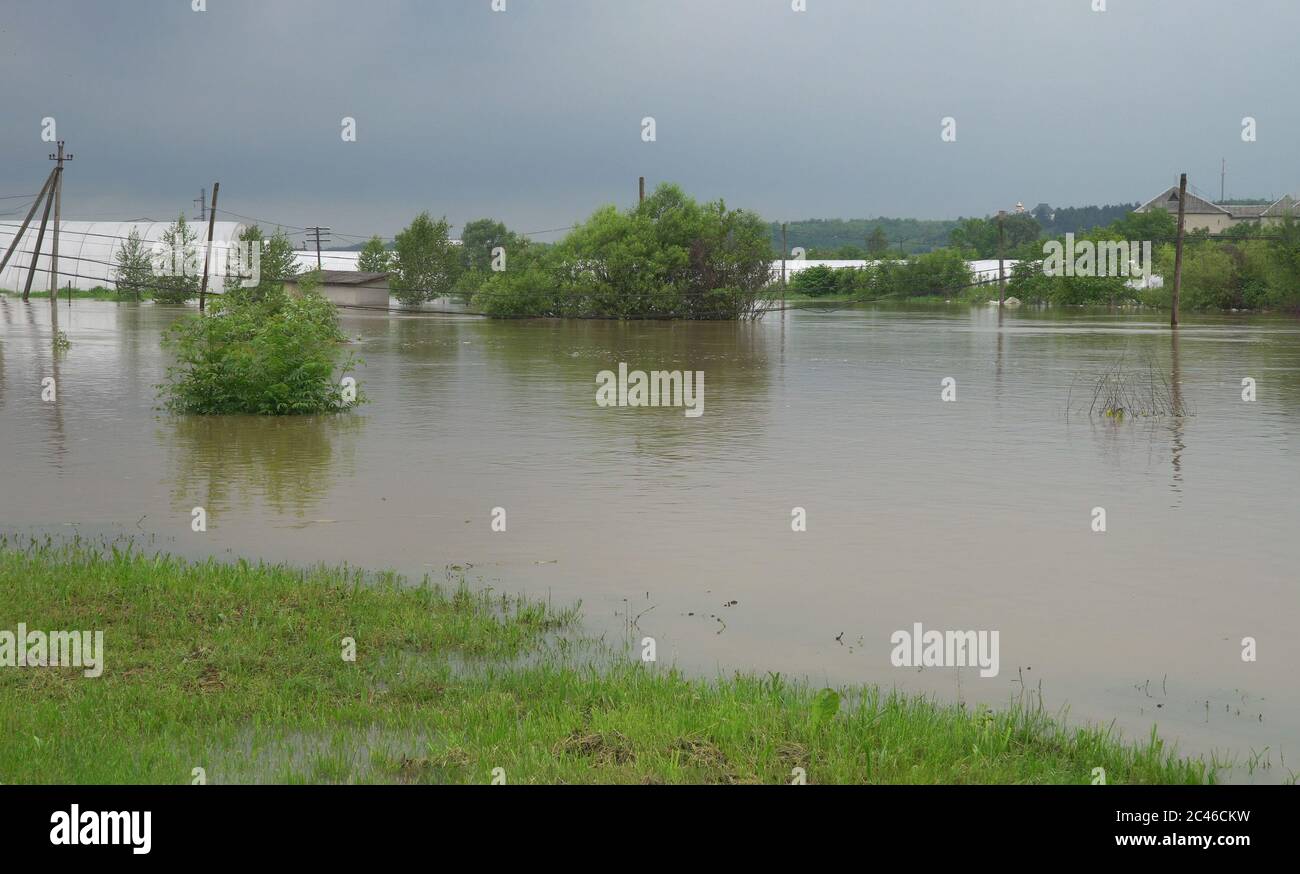 Aerial of extreme flooding on flooded farm field after heavy rain Stock ...