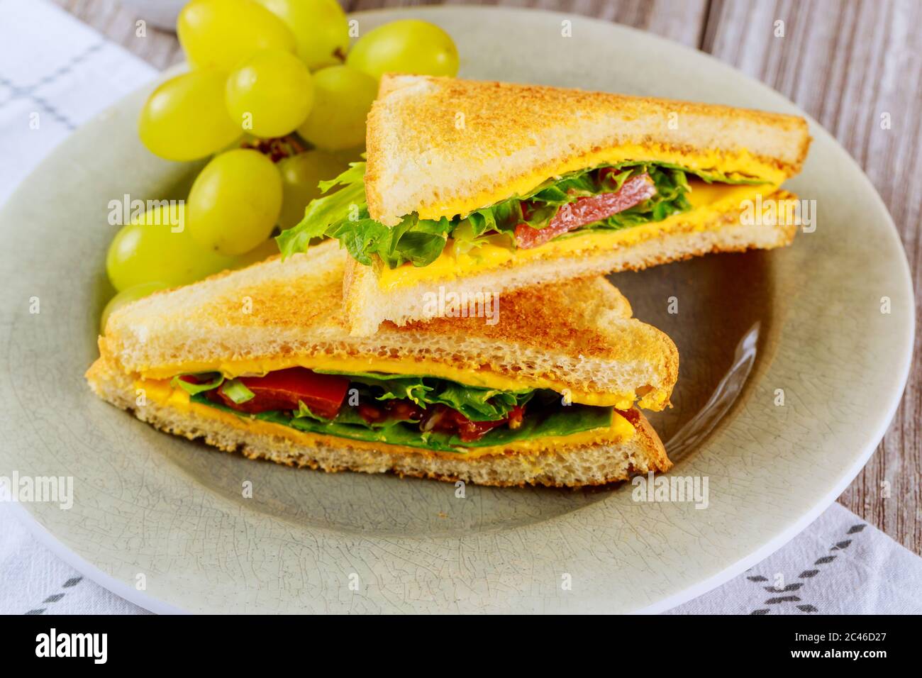 Grilled cheese sandwich with vegetable and golden grape. Close up Stock ...