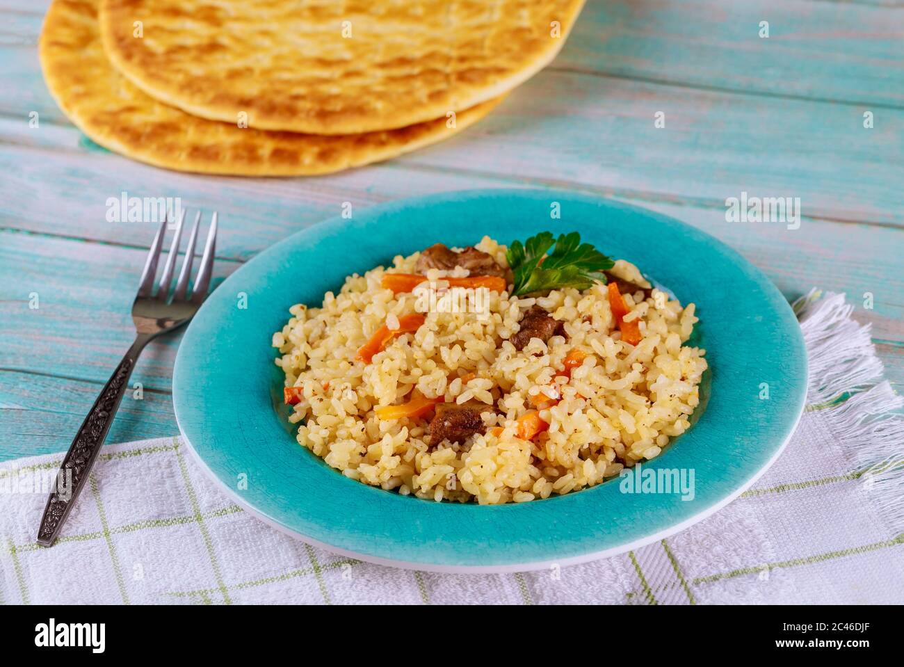 Ready to eat lunch with stewed rice ,meat and carrot. Eastern food ...