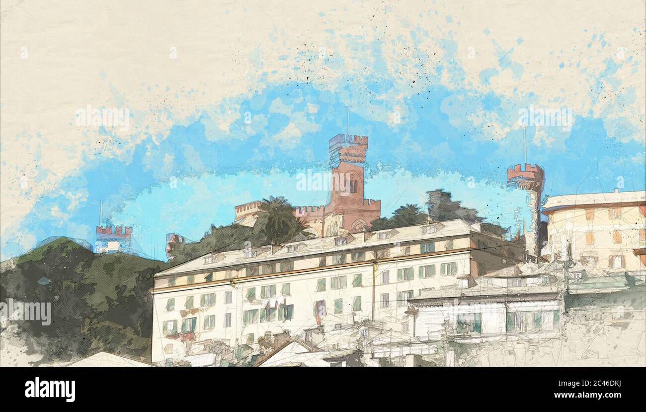 Watercolor illustration of architecture. northern Italy. medieval ...