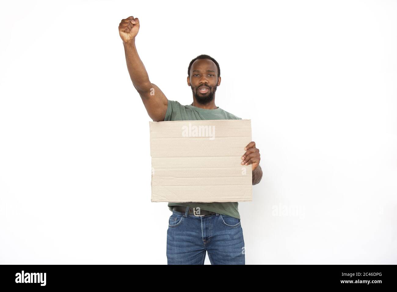 African man protesting with blank board, sign isolated on white studio ...