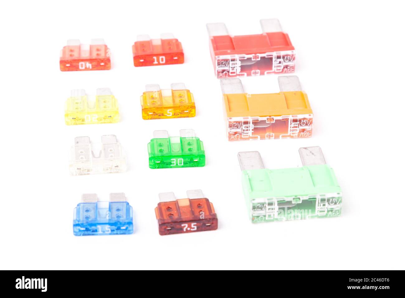 Colorful set of electronic sensors in yellow green orange red and blue ...