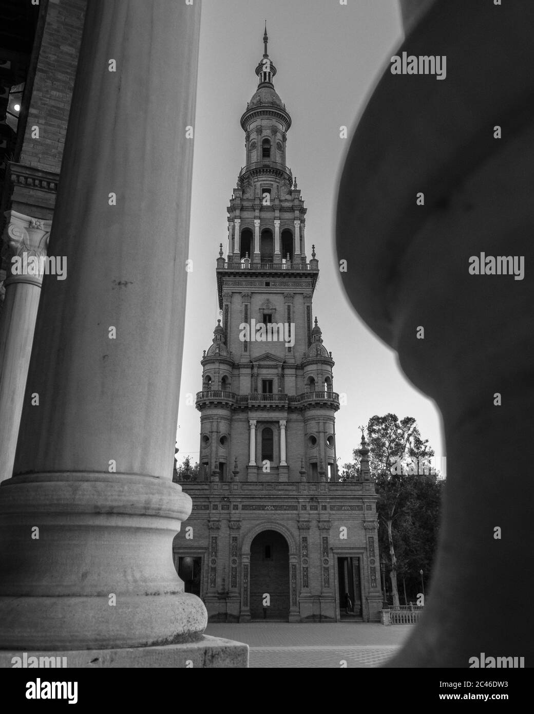 Greyscale vertical shot of the beautiful Plaza de España Seville Spain ...