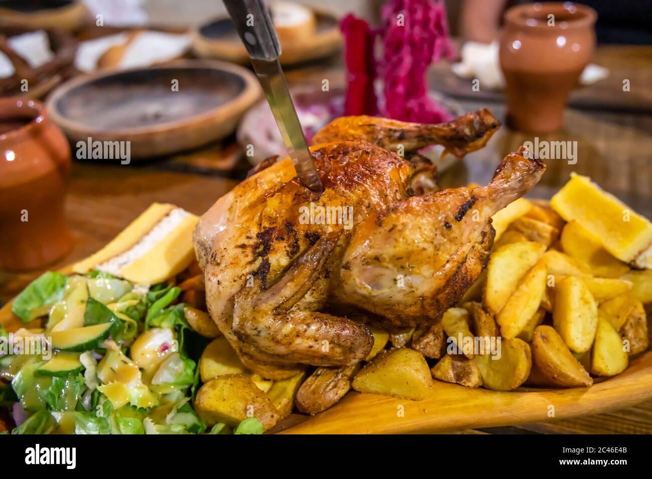 chicken meal in medieval tavern, Hungary Stock Photo - Alamy