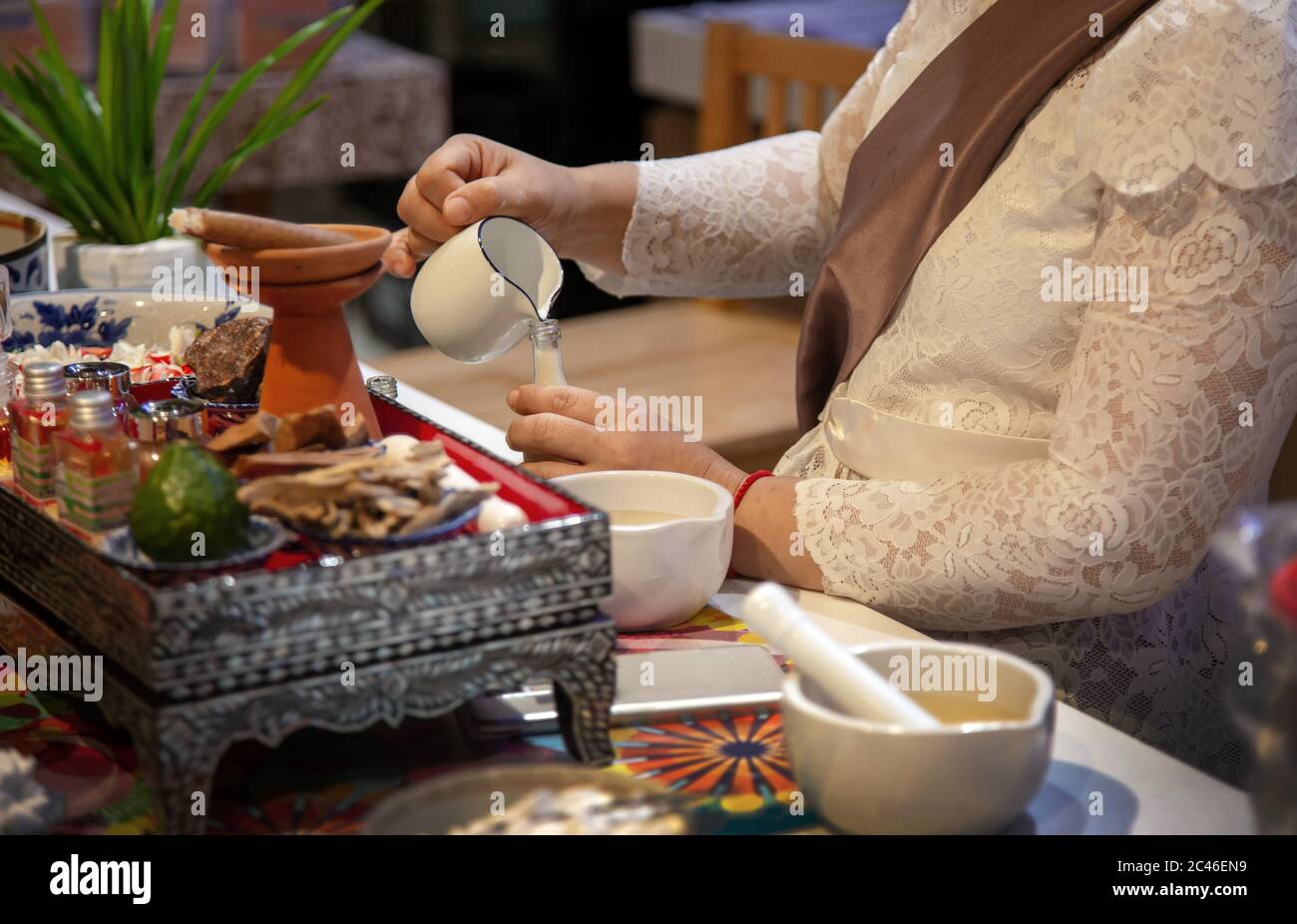 homemade aroma water with flower and herb for Thai tradition purfume ...