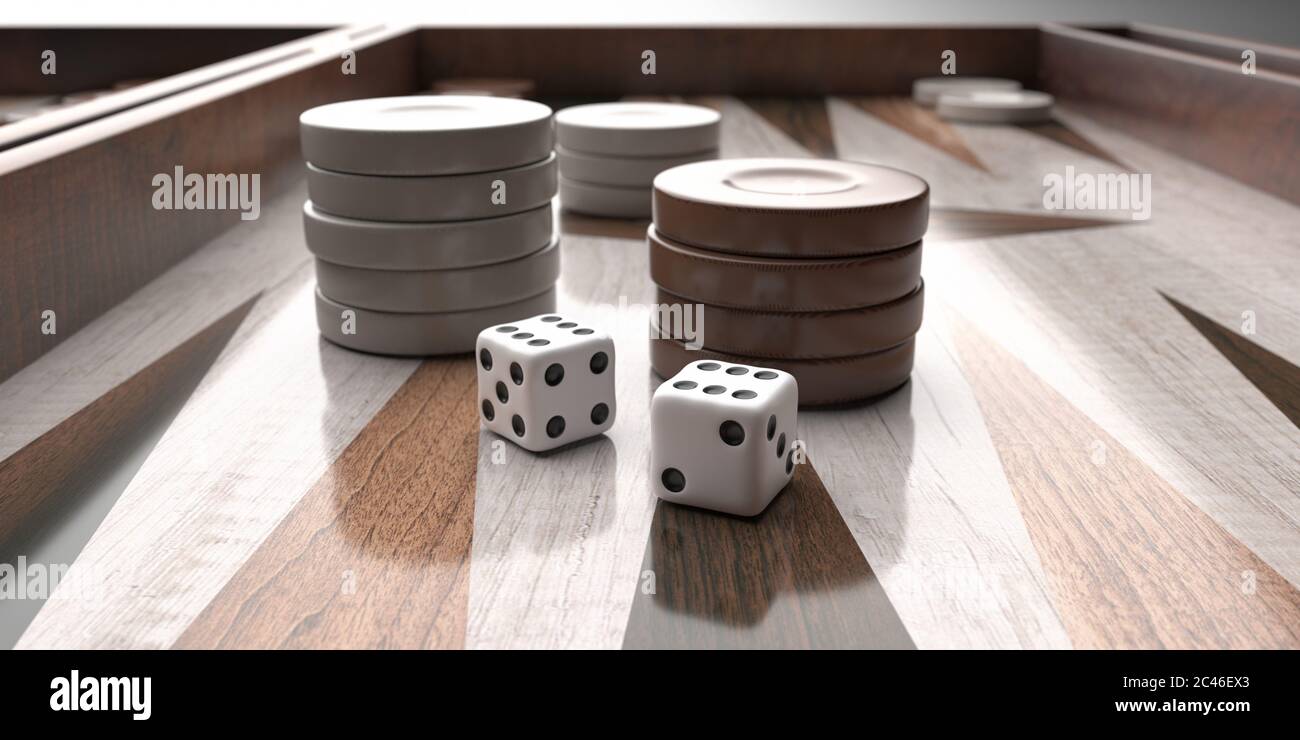 Backgammon, playing an ancient table game. Dice and chips on the ...