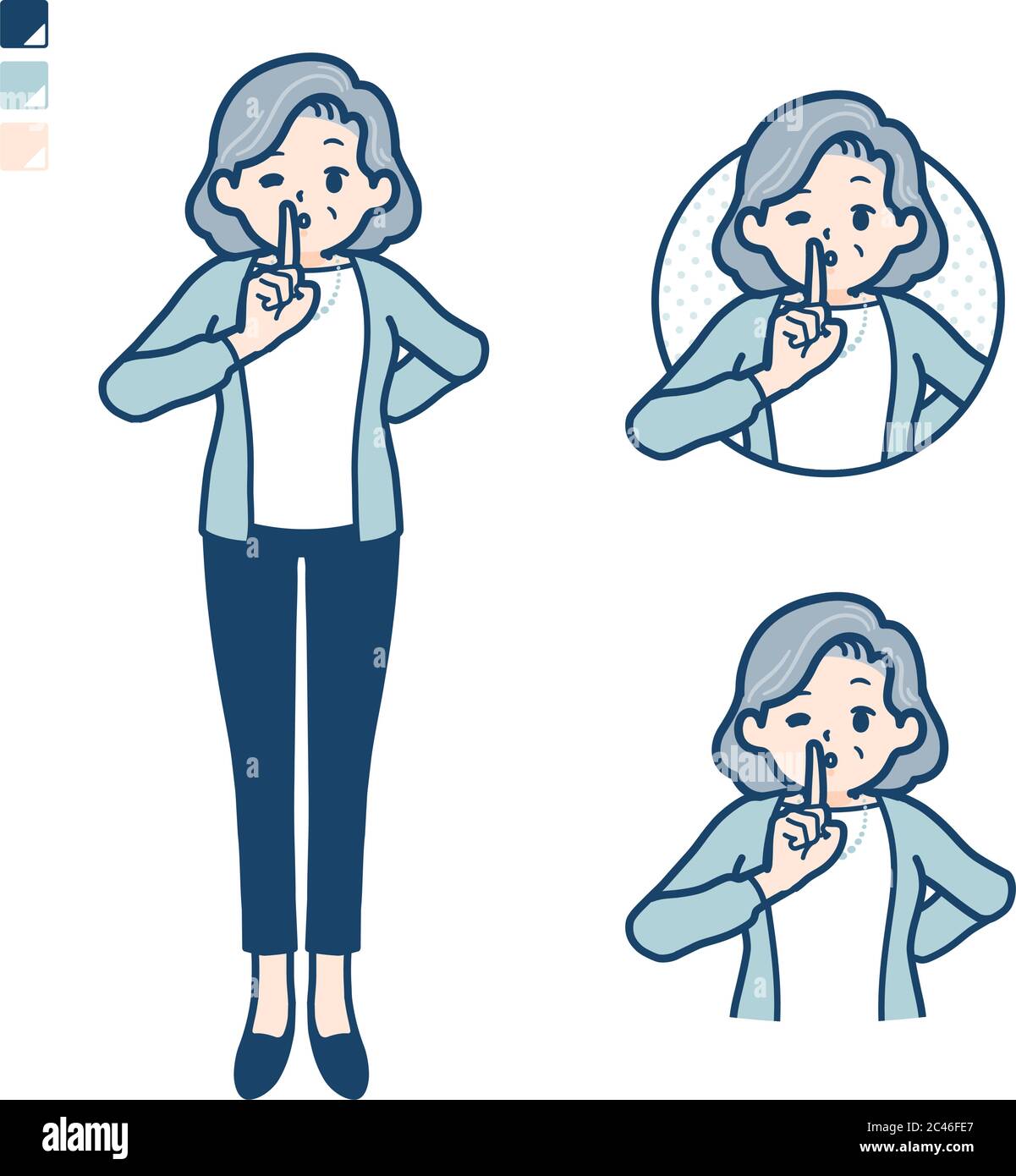 Senior woman in a suit with be quiet hand sign images. It's vector art ...